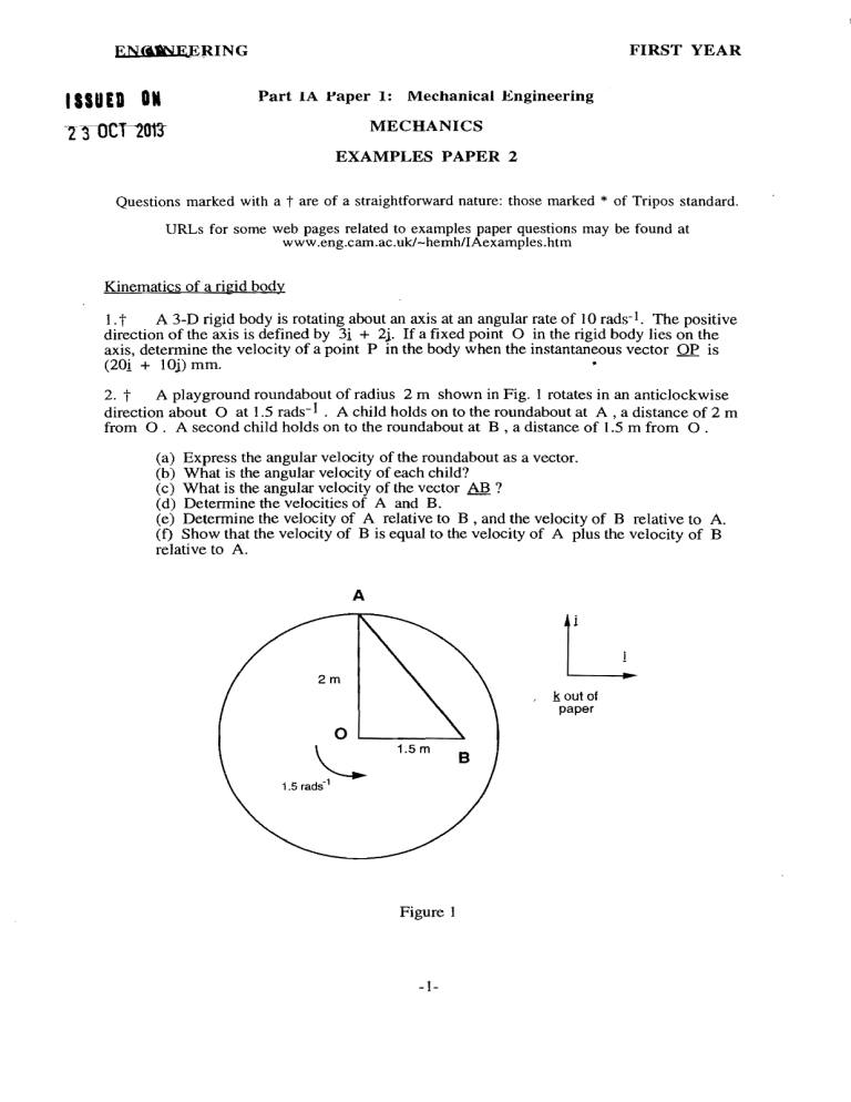 Mechanics Examples Paper: Rigid Body Kinematics & Dynamics