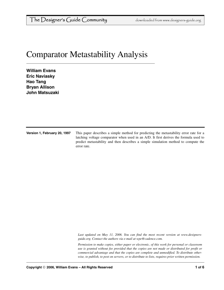 Comparator Metastability Analysis: Error Rate Prediction