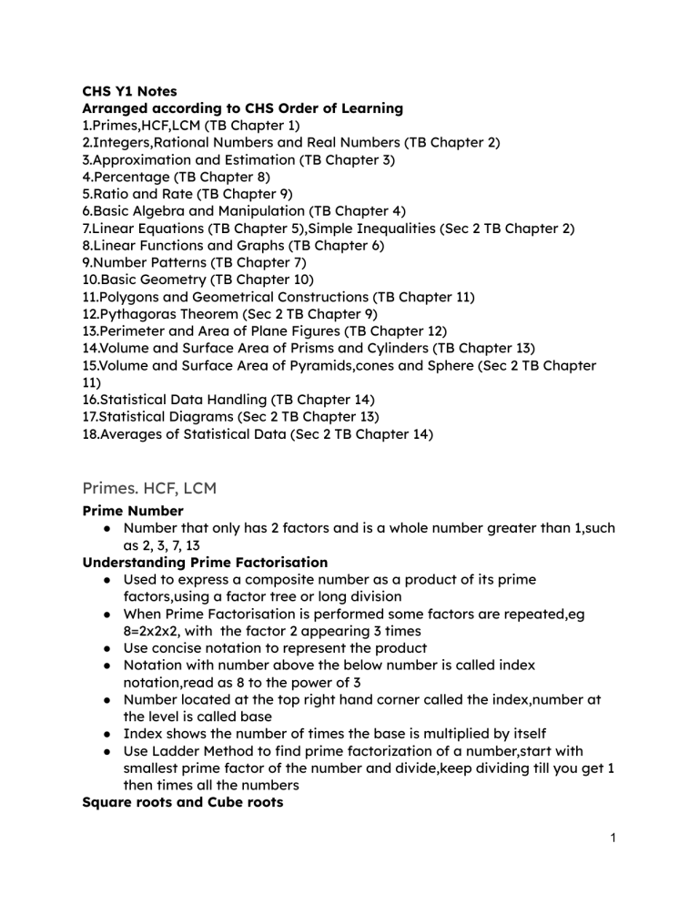 Math Y1 Notes: Primes, Algebra, Geometry, Statistics