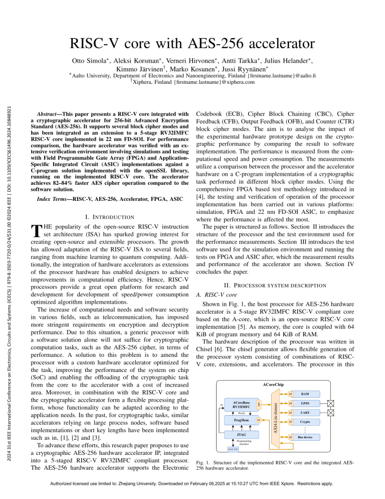 RISC-V Core with AES-256 Accelerator: Performance Analysis