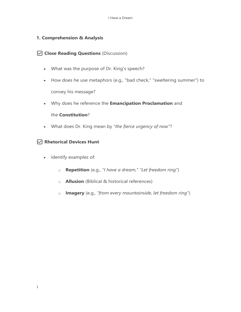 I Have a Dream Speech Analysis Worksheet
