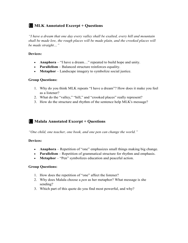 MLK & Malala Speech Analysis: Rhetorical Devices & Questions
