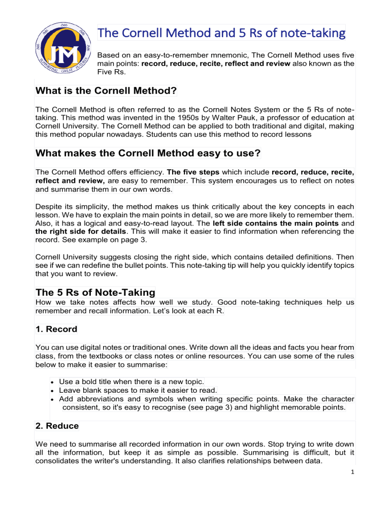 Cornell Method Note-Taking: The 5 Rs Guide