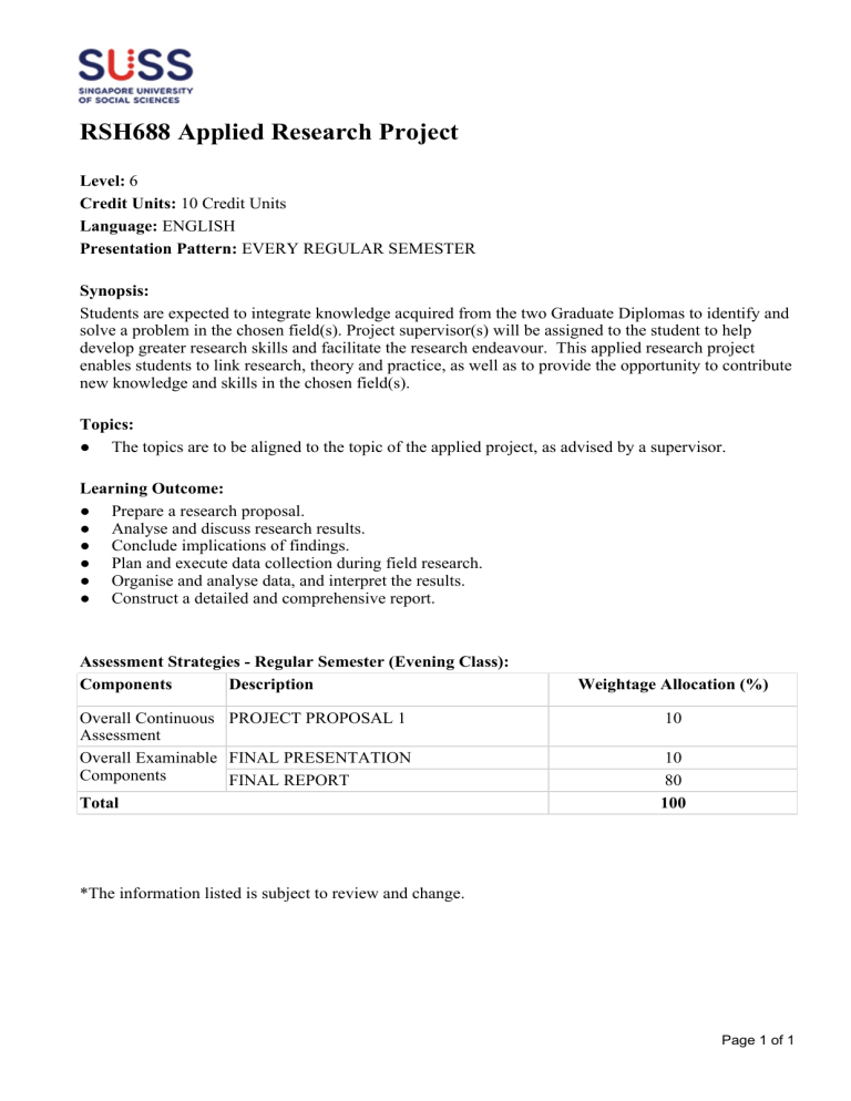 RSH688 Applied Research Project Syllabus