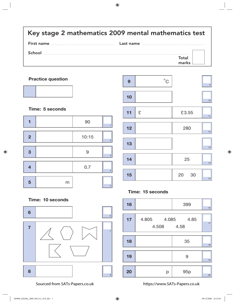 Key Stage 2 Maths Mental Test 2009