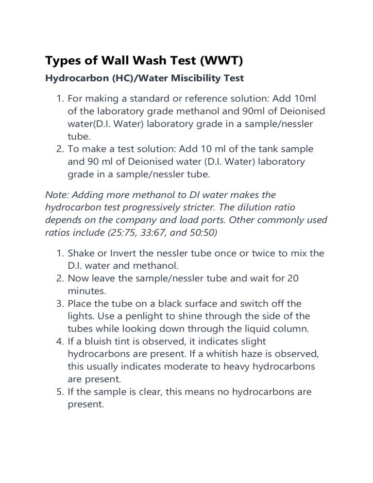 Wall Wash Test Procedures: Hydrocarbon, Chloride, PTT