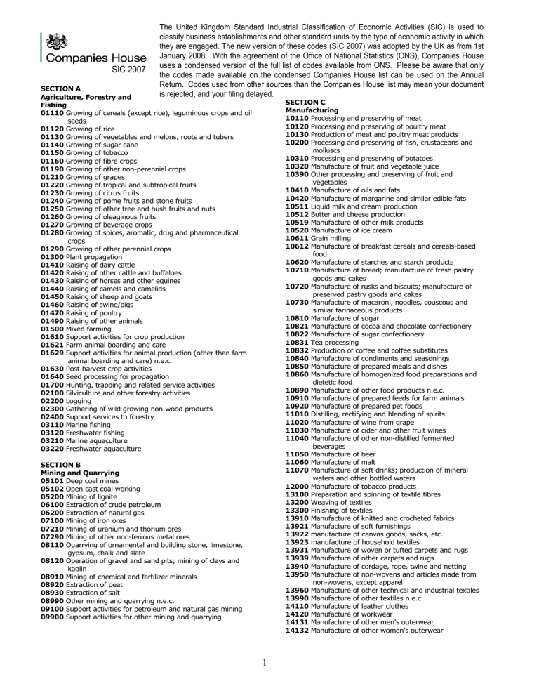 UK SIC 2007: Standard Industrial Classification Codes