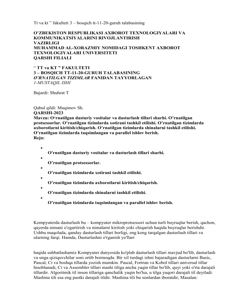 O'rnatilgan Tizimlar: Dasturiy Ta'minot, Protsessorlar va Xotira