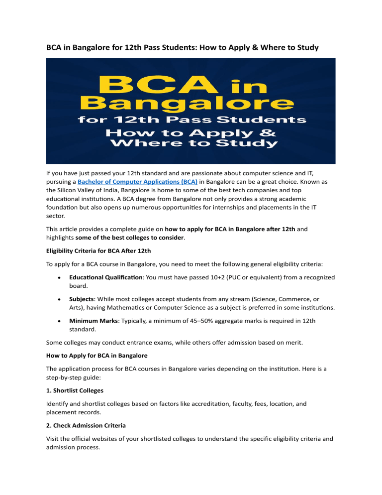 BCA in Bangalore: Guide for 12th Pass Students