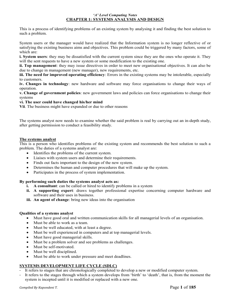 Systems Analysis and Design Notes: SDLC, Feasibility, Analyst Roles