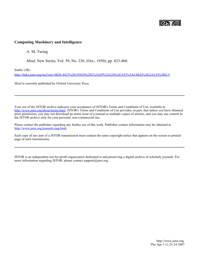 Computing Machinery and Intelligence by A.M. Turing
