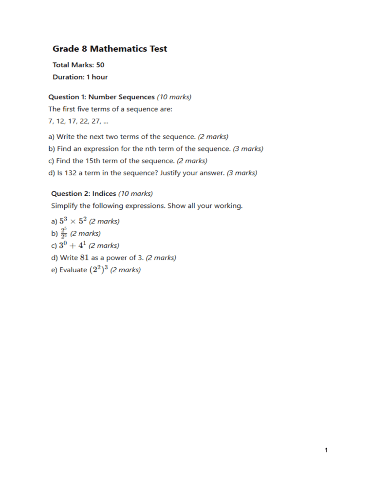 Grade 8 Math Test: Number Sequences & Indices