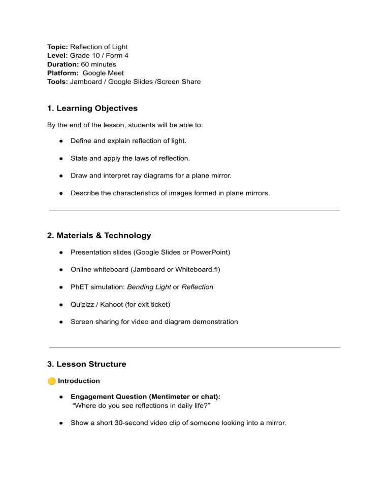 Reflection of Light: Grade 10 Physics Lesson Plan