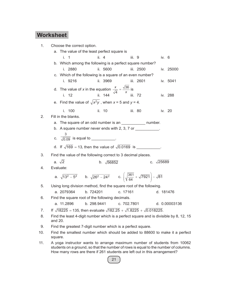 Math Worksheet: Square Roots & Perfect Squares Practice Problems