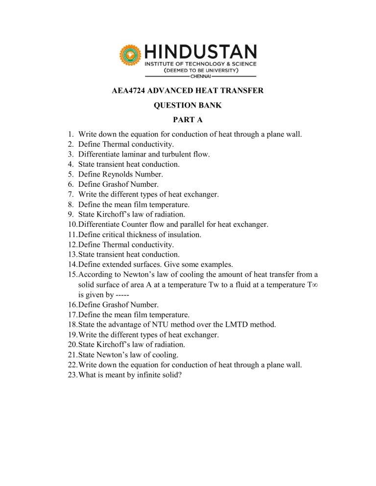 Advanced Heat Transfer Question Bank (AEA4724)