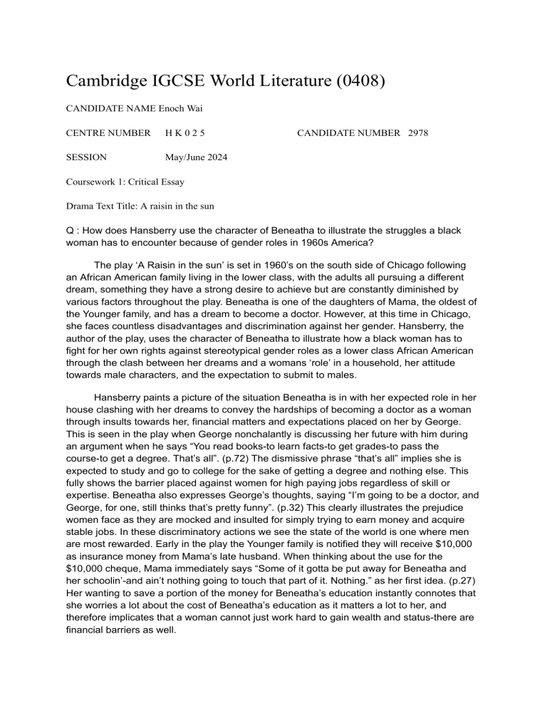 A Raisin in the Sun: Beneatha's Struggles in 1960s America