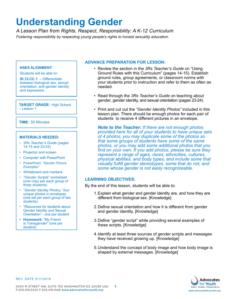 Understanding Gender: High School Lesson Plan