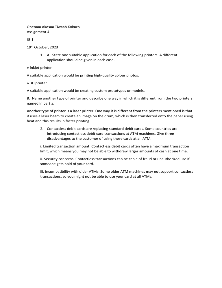 Computer Science Assignment: Printers, Cards, Devices