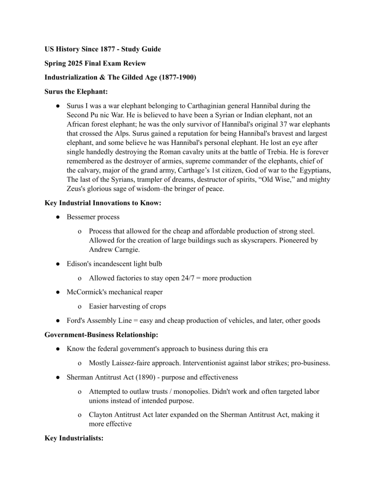 US History Since 1877 Study Guide - Final Exam Review