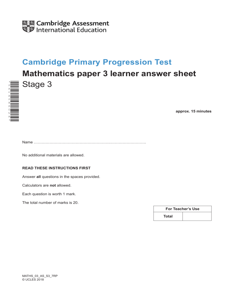 Cambridge Primary Progression Test - Mathematics 2018 Stage 3 - Answer ...