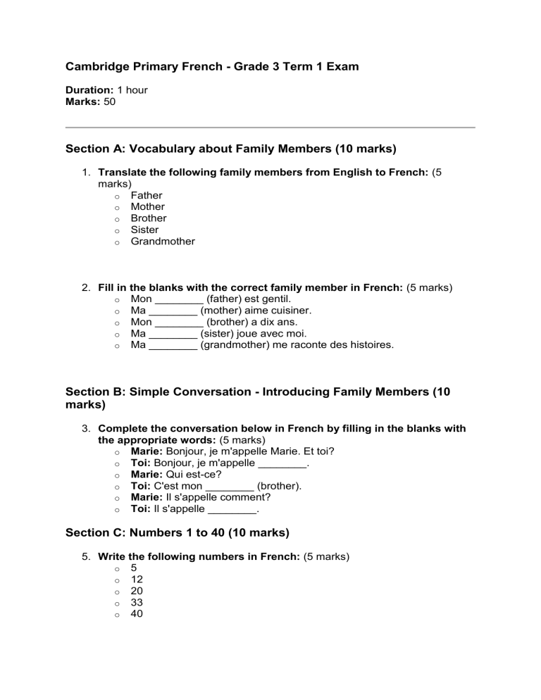 Grade 3 French Exam: Family, Numbers, Conversation