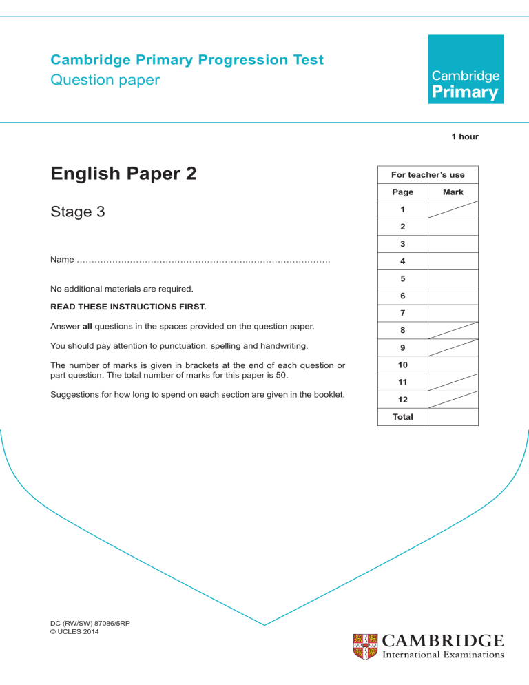 English Exam Paper 2 - Stage 3 Reading & Writing