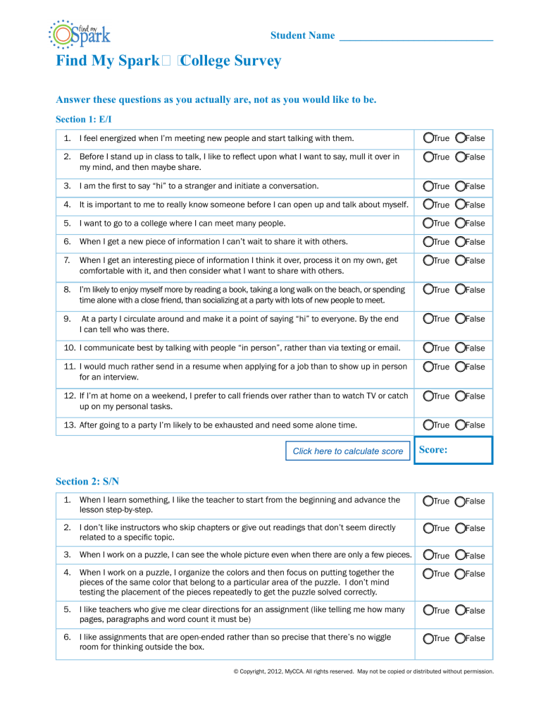 College Personality Survey: Find Your Spark