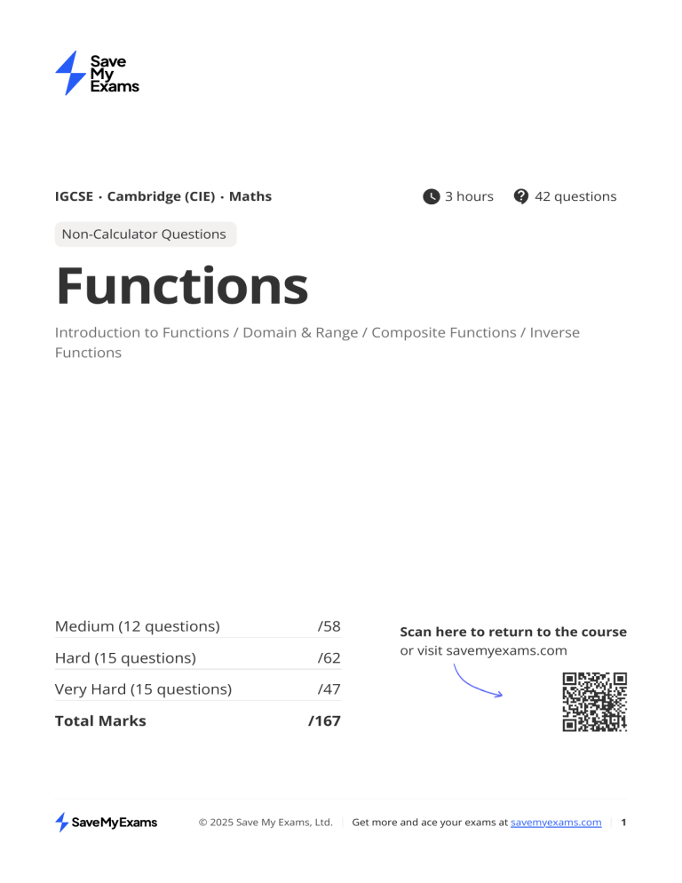 IGCSE Maths Functions Exam: Non-Calculator Questions