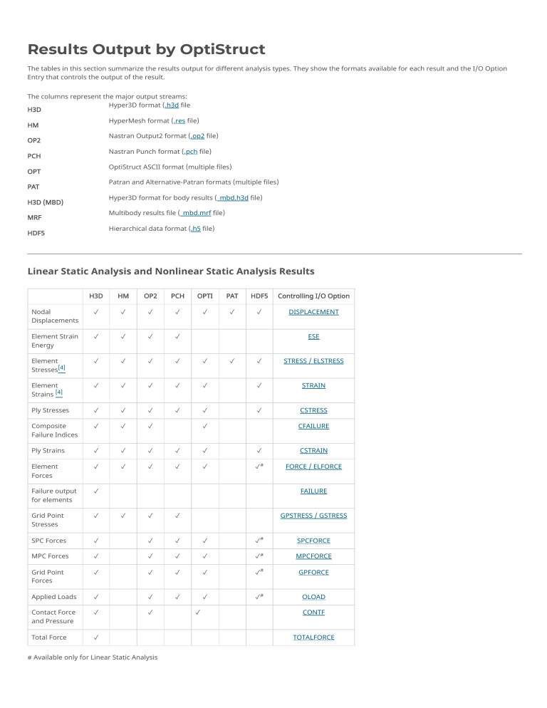 OptiStruct Results Output Options & Analysis Types