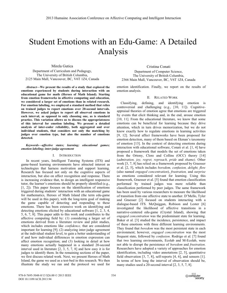 Student Emotions in Edu-Games: Analysis & Emotion Labeling