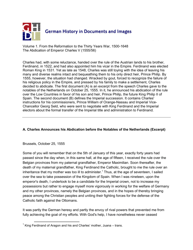 Charles V Abdication: Reformation & Thirty Years War Era