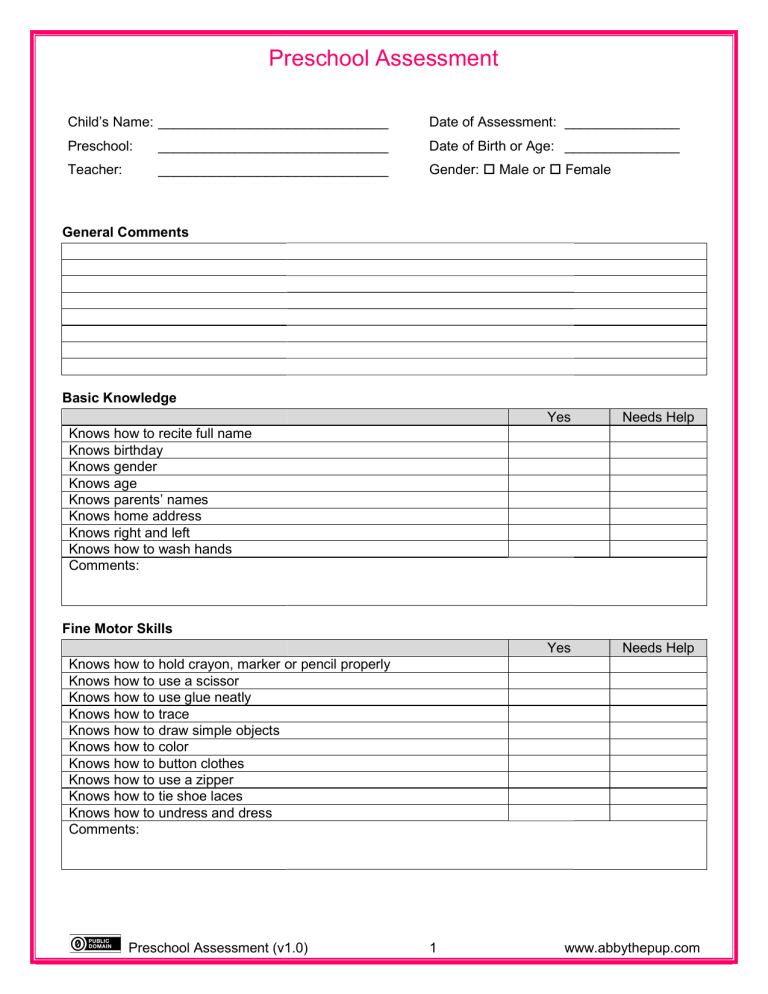 Preschool Assessment: Skills Checklist for Early Childhood