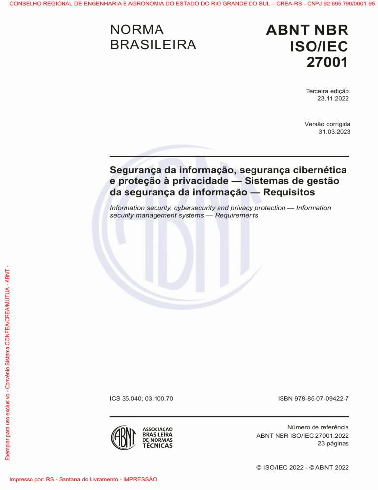 ABNT NBR ISO/IEC 27001:2022 - Norma de Segurança da Informação