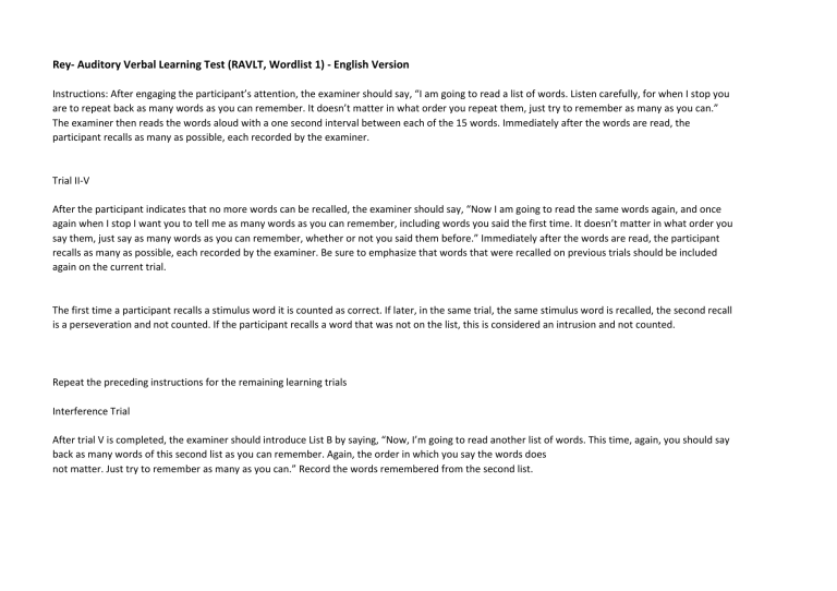 RAVLT Test Protocol: Auditory Verbal Learning Assessment