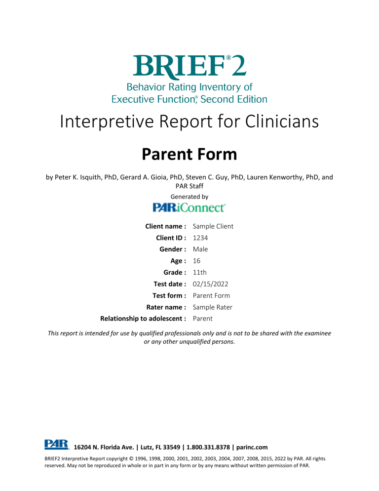 BRIEF2 Parent Form Interpretive Report for Clinicians