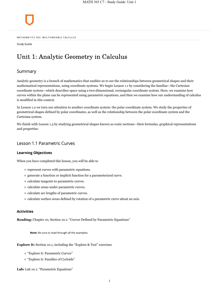 Analytic Geometry in Calculus: Study Guide