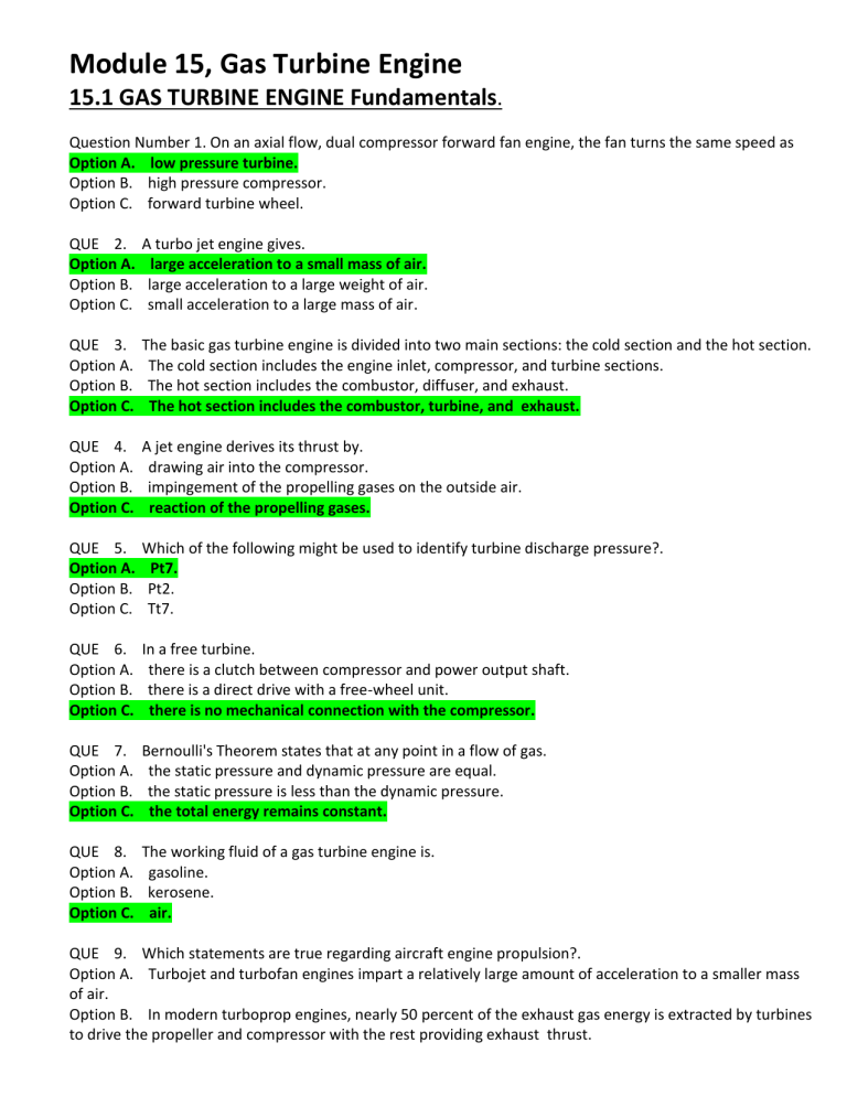 Gas Turbine Engine Fundamentals: Exam Questions