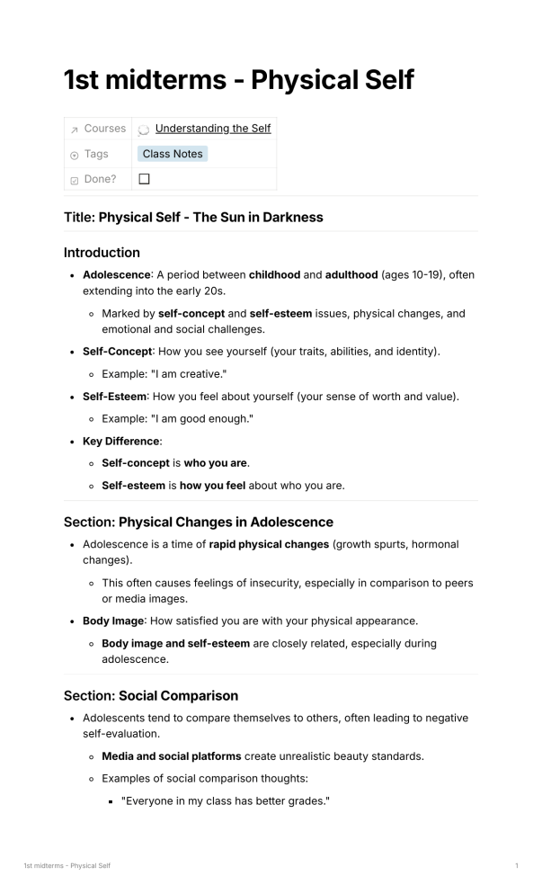 Adolescent Physical Self: Self-Concept, Self-Esteem & Body Image