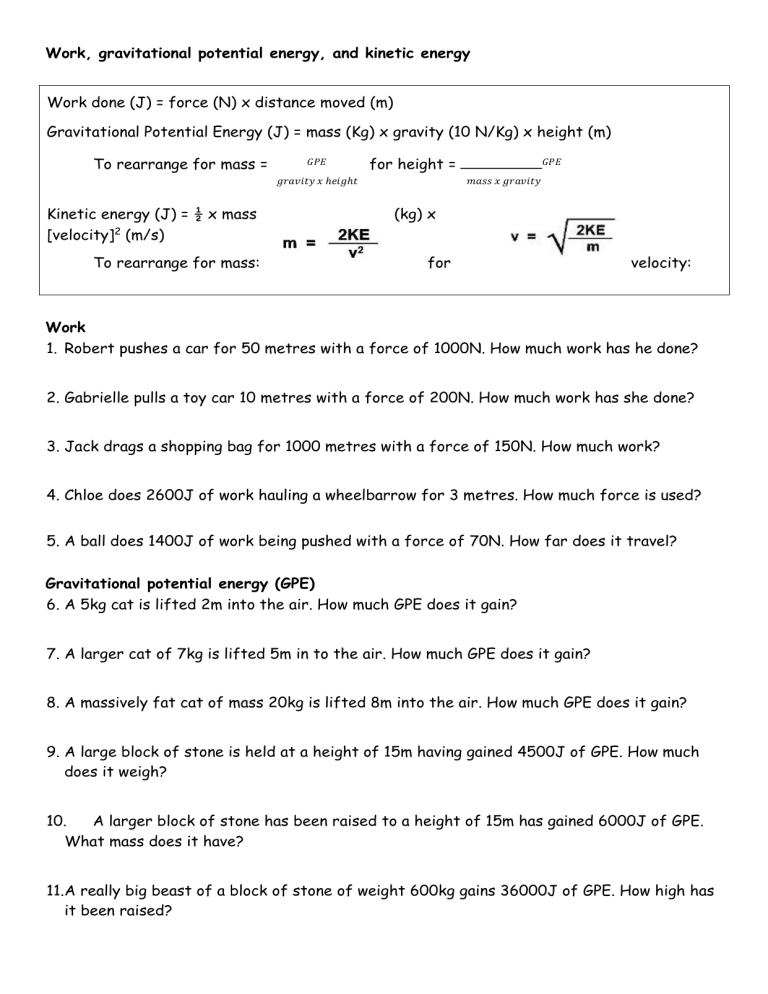 Work, GPE, KE Worksheet: Physics Practice Problems
