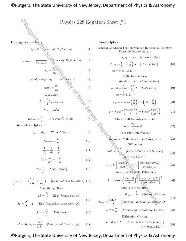 Physics 228: Optics Equation Sheet