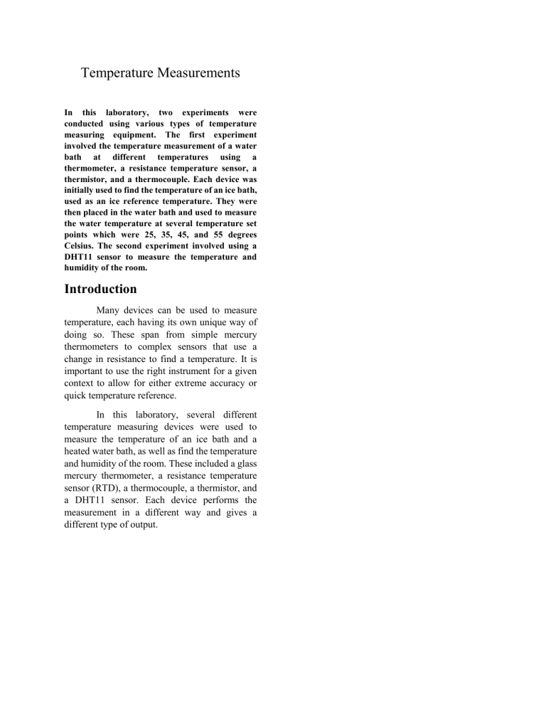 Temperature Measurement Lab Report: Thermistors & Thermocouples