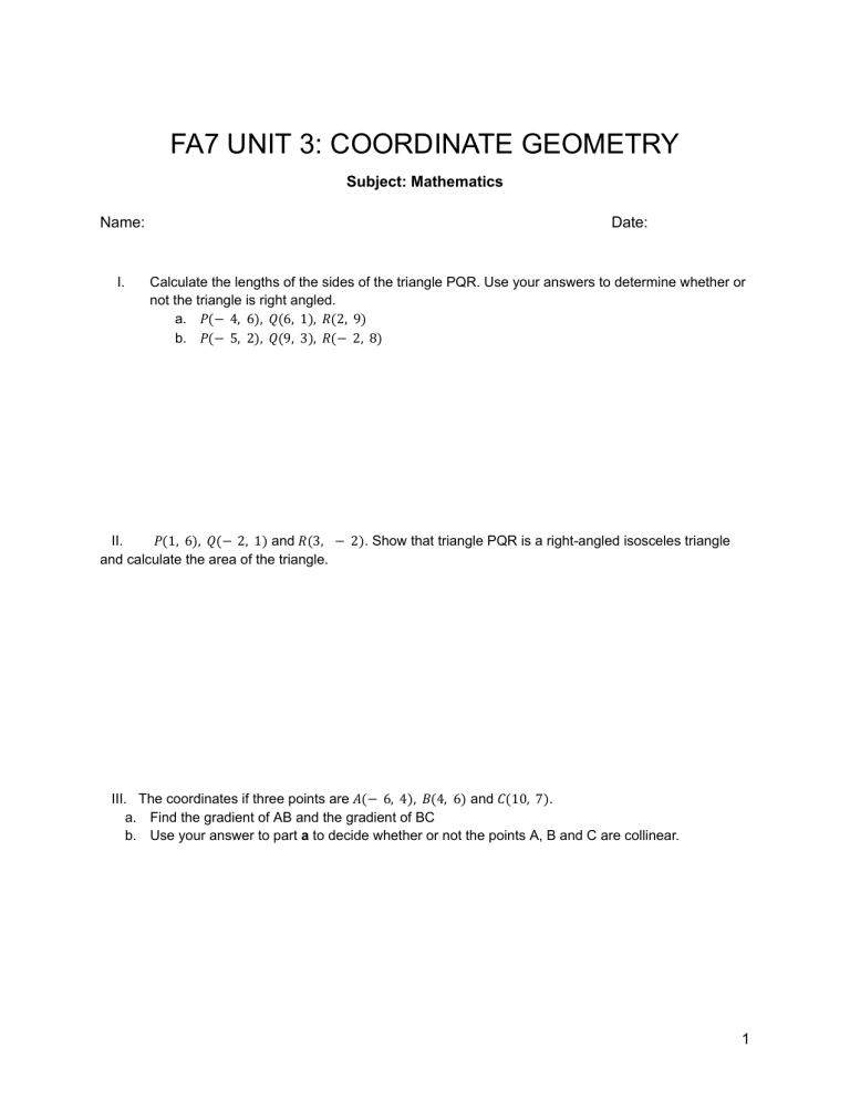 Coordinate Geometry Worksheet: Triangles & Gradients