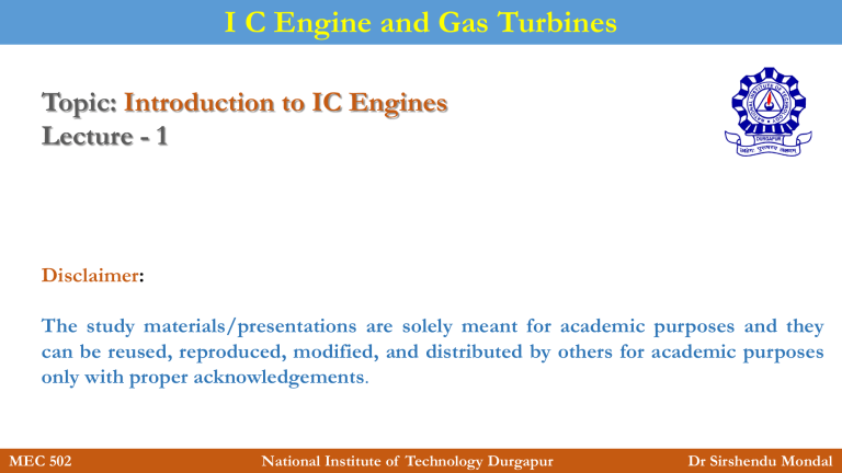IC Engines: Introduction & Gas Turbines