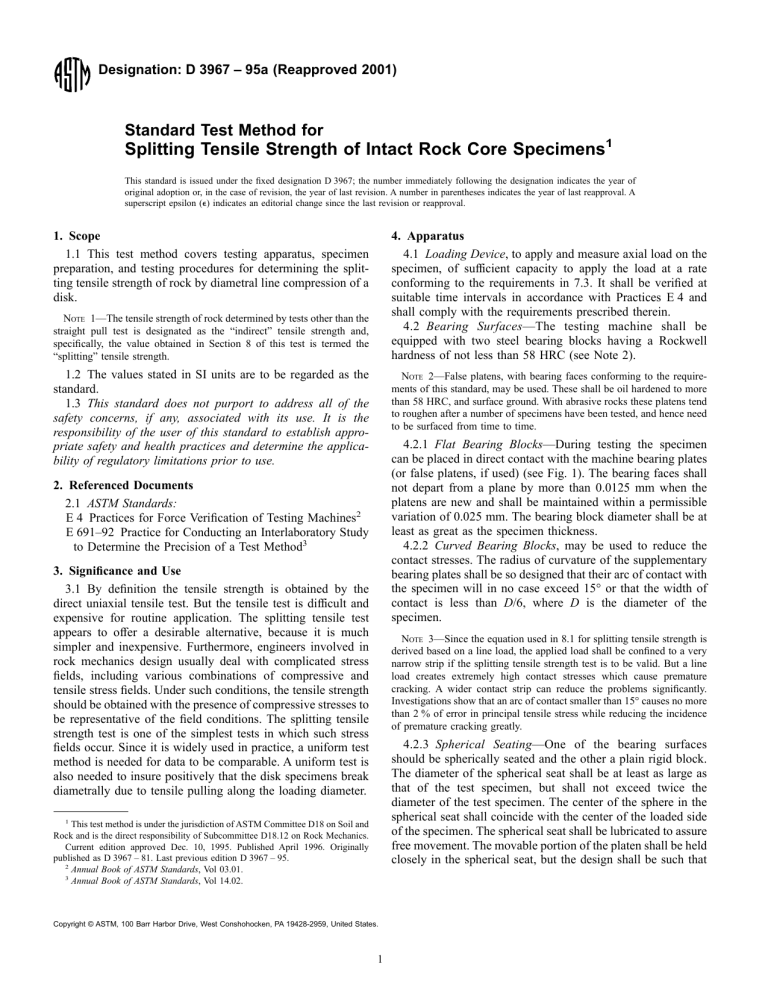Rock Splitting Tensile Strength Test Method (ASTM D3967)