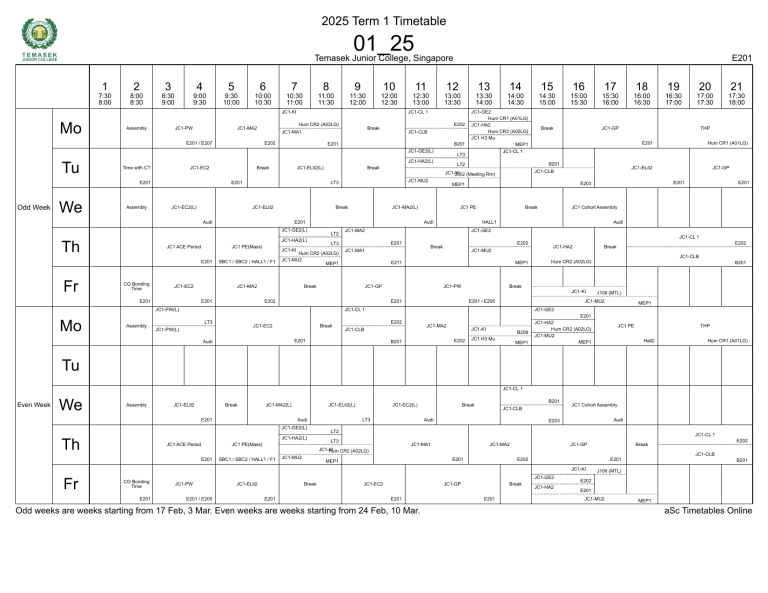 2025 TJC Term 1 Timetable - JC1 Schedule