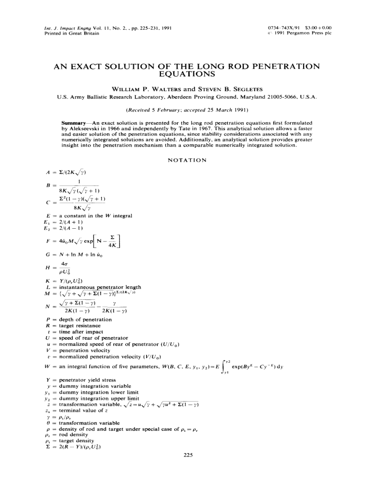 Long Rod Penetration Equations: Exact Solution