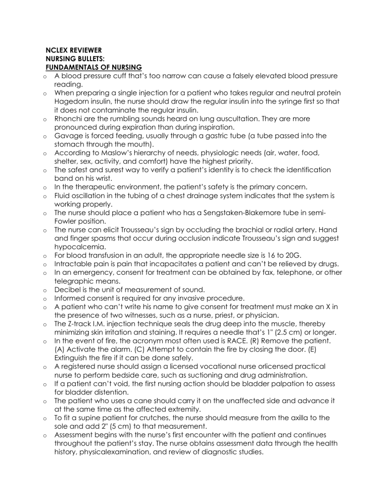 NCLEX Reviewer: Fundamentals of Nursing Bullets & Key Facts