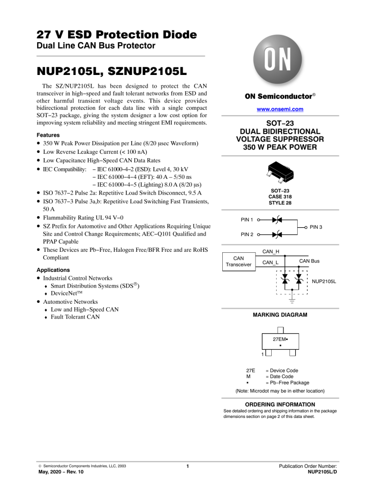 NUP2105L CAN Bus Protector Datasheet | ESD Protection
