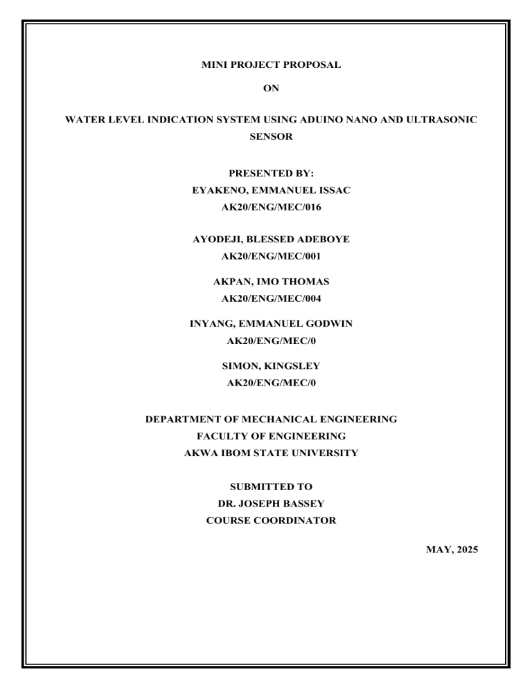 Water Level Indicator Project Proposal: Arduino & Ultrasonic Sensor