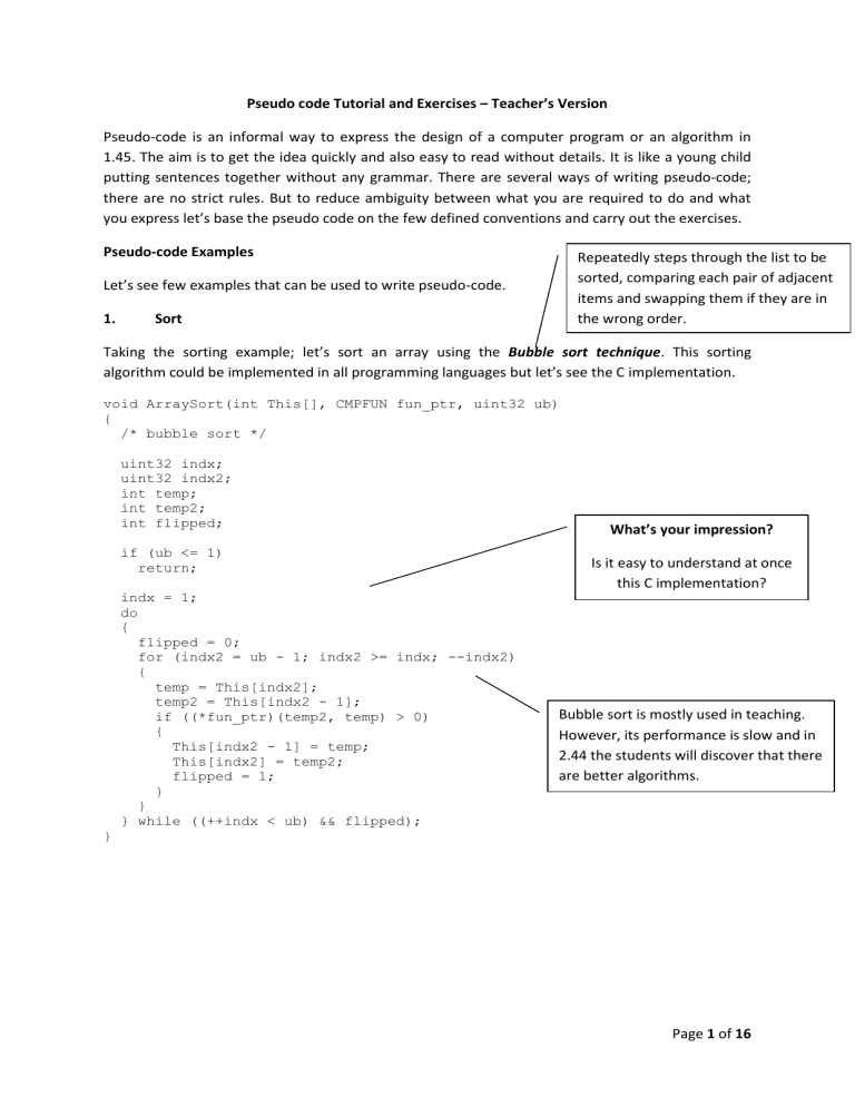 Pseudo-code Tutorial & Exercises: Algorithms & Programming Design